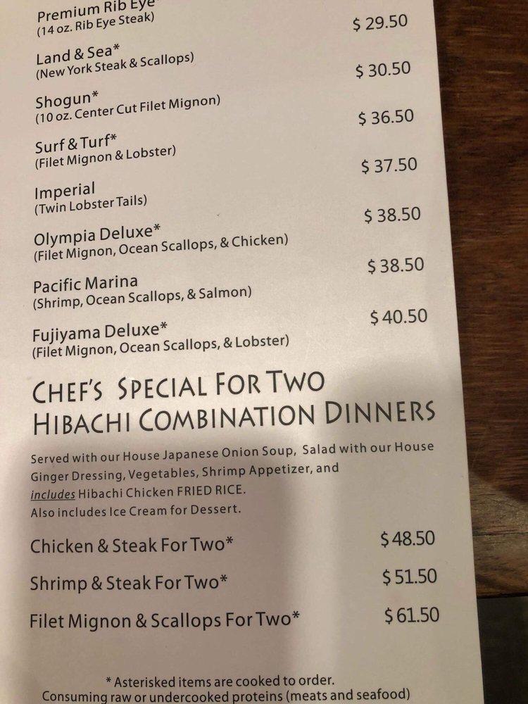 Menu at Fujiyama steakhouse, Liberty Lake