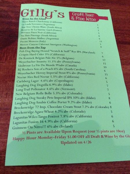 Menu at Gilly's Craft Beer & Fine Wine restaurant, Rockville