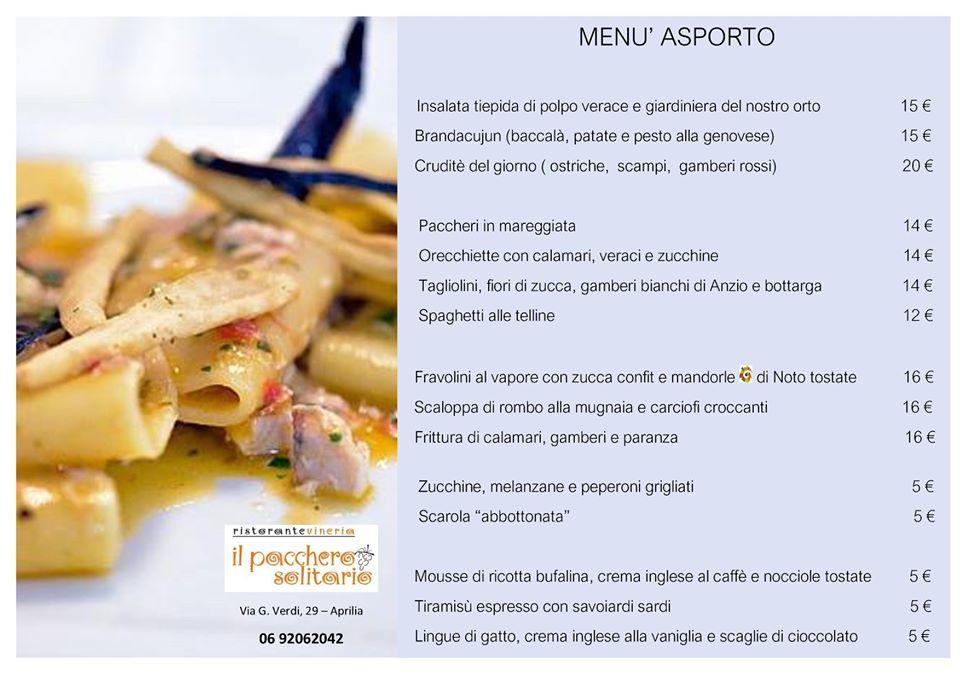 Menu da il pacchero solitario ristorante, Aprilia