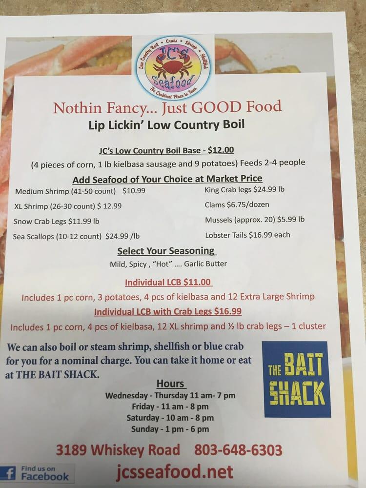 Menu at JC's Seafood restaurant, Aiken