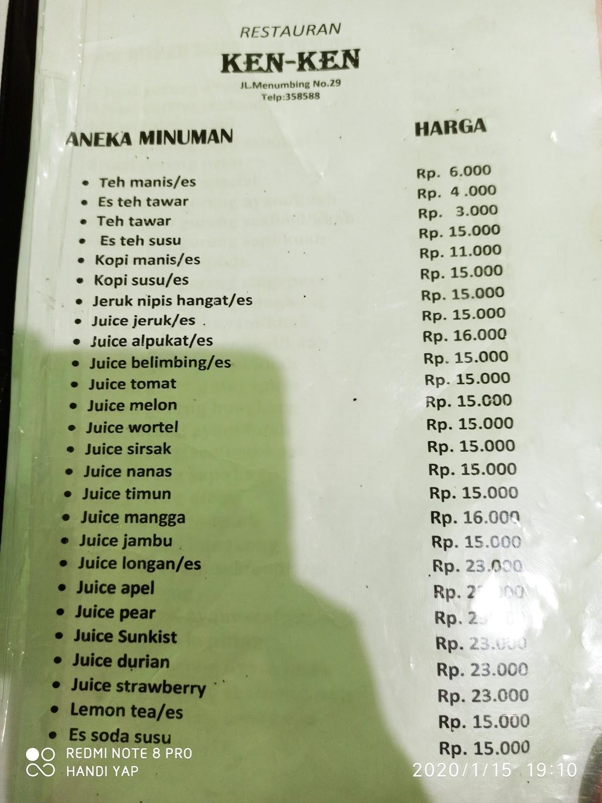 Menu at Ken Ken Rumah Makan restaurant, Palembang
