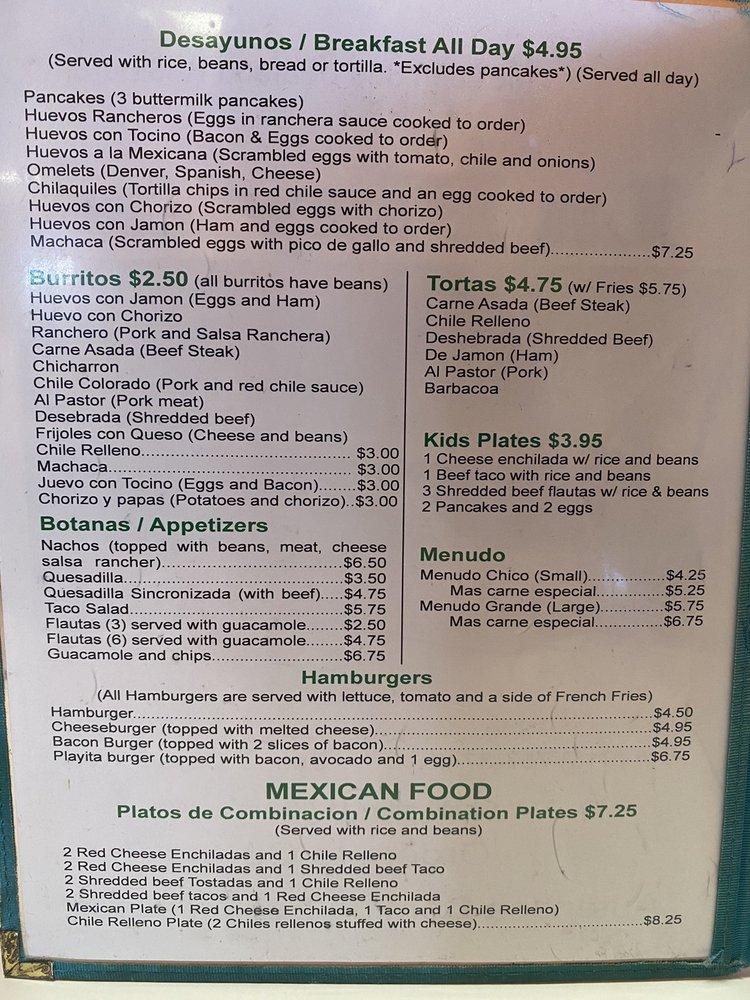 Menu at La Playita restaurant, El Paso, Dyer St
