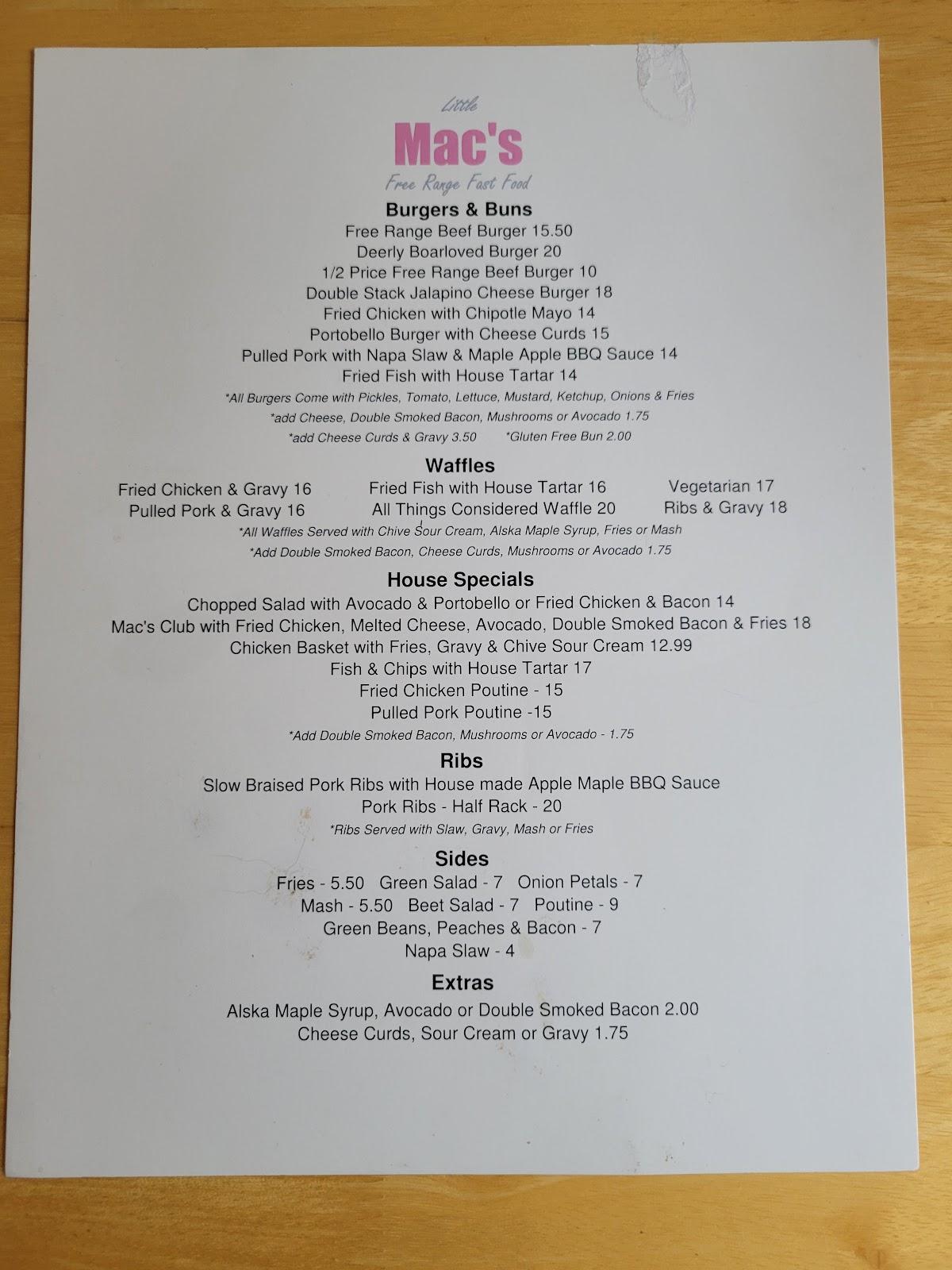 Menu at Little Mac's restaurant, Ottawa