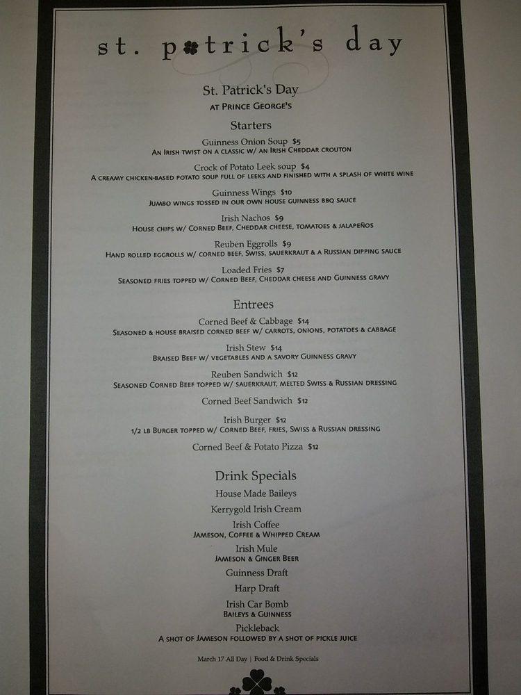 Menu at Prince Georges pub & bar, East Rochester