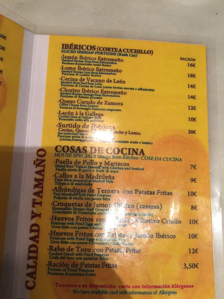 Menu at Taberna La Fragua de Vulcano pub & bar, Madrid