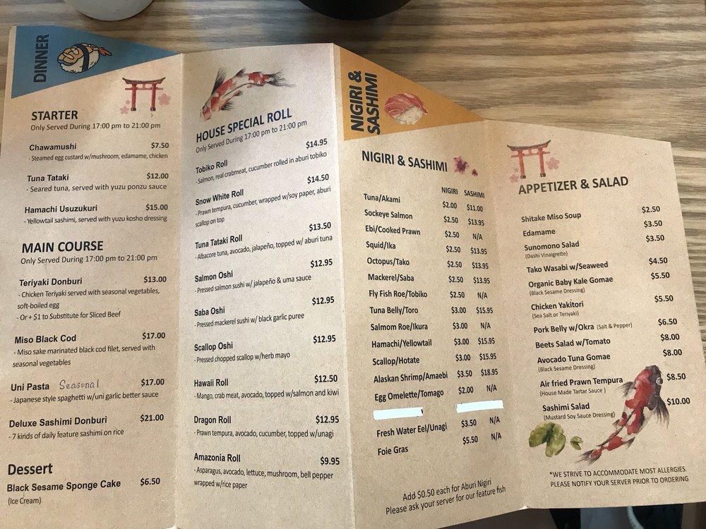 Menu at Uma Sushi restaurant, Vancouver