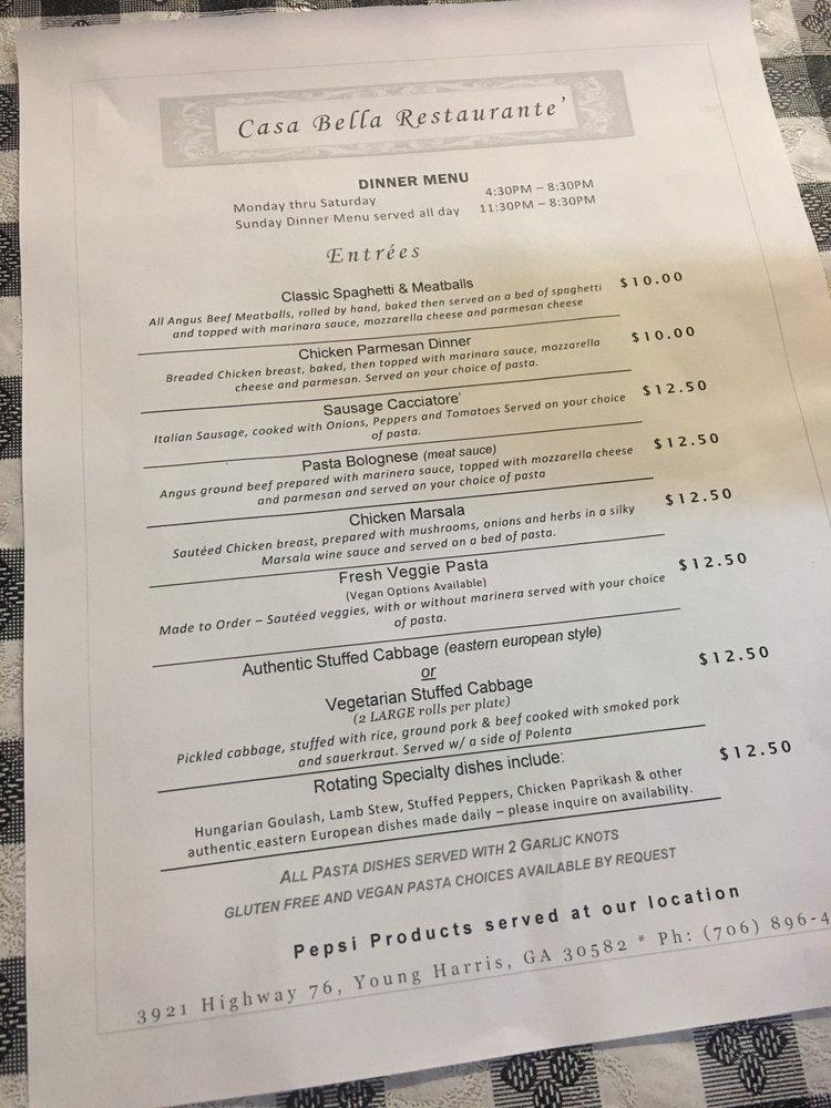 Menu at Casa Bella Restaurante, Young Harris