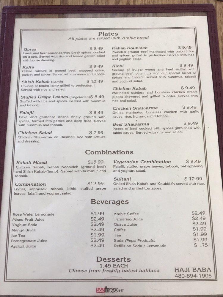 Menu at Haji-Baba restaurant, Tempe