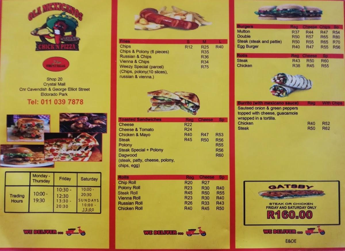 Menu at Ola Mexicanos restaurant, Lenasia