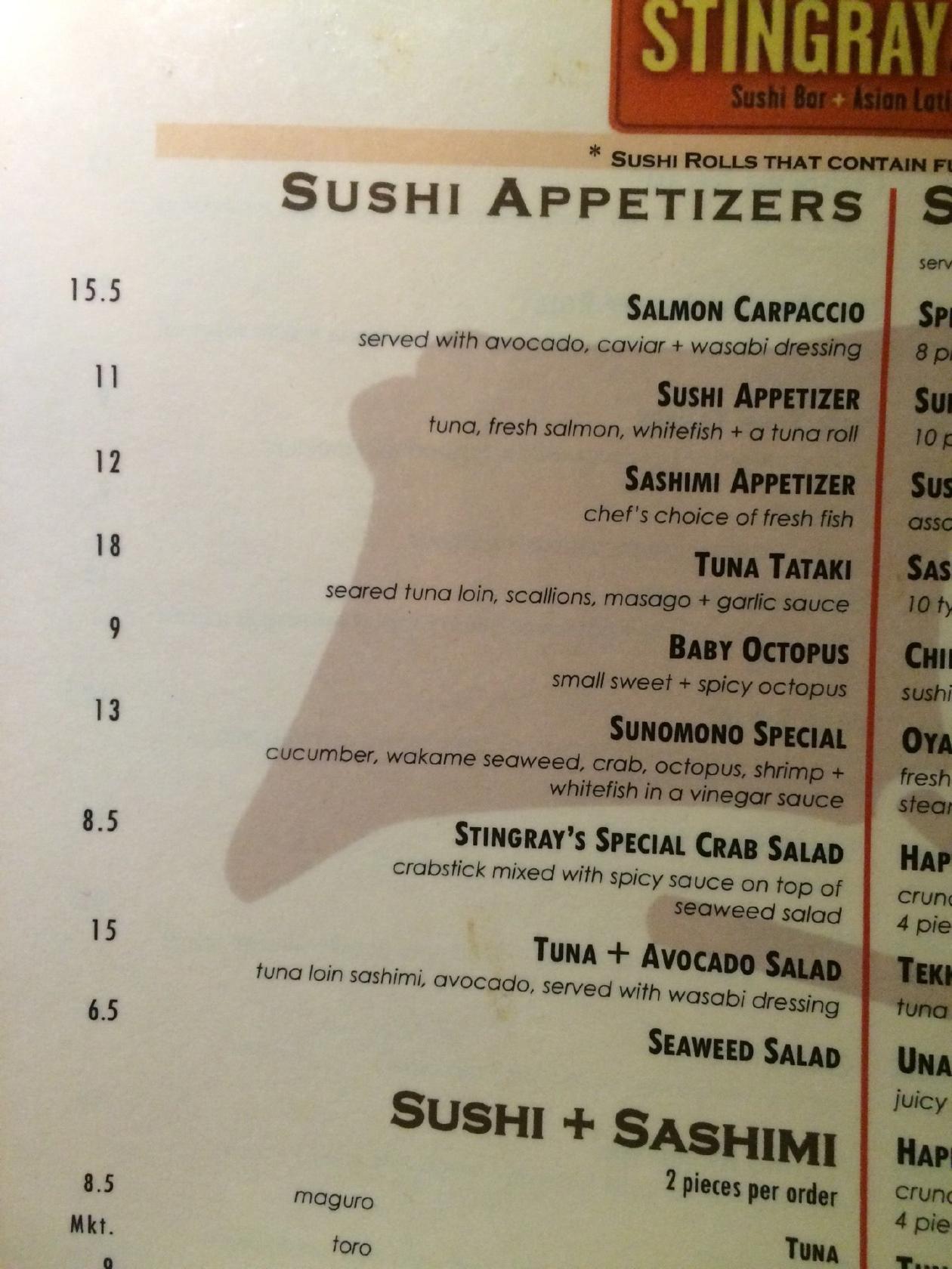 Menu at Stingray Sushi Bar + Asian Grill, Rehoboth Beach