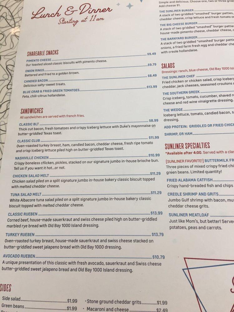 Menu at Sunliner Diner restaurant, Gulf Shores