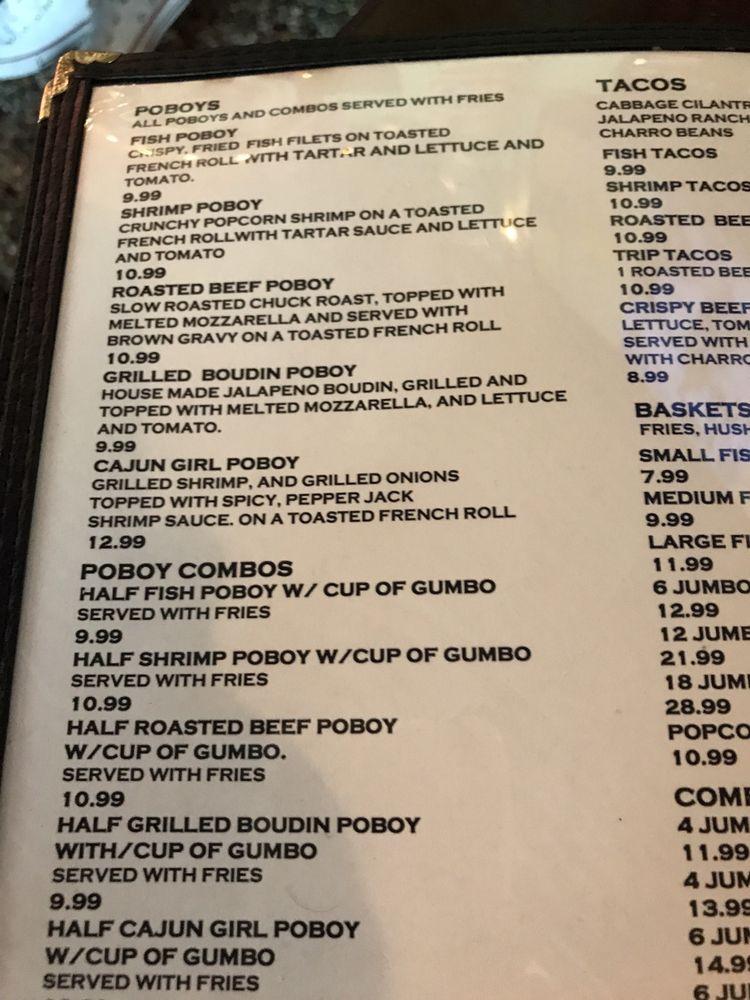 Menu at Tia Juanita's Fish Camp restaurant, Lumberton