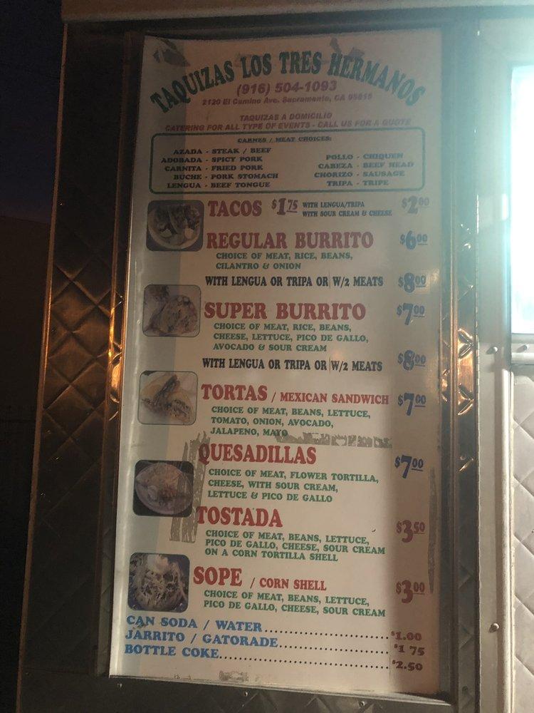 Menu at Tacos Los Tres Hermanos restaurant, Sacramento