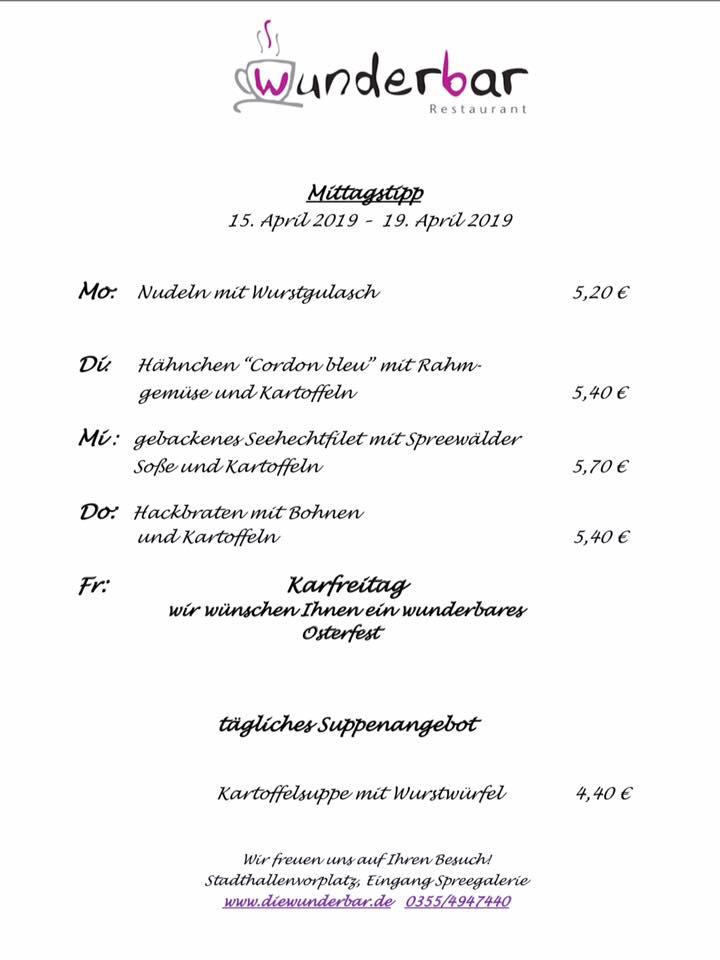 Menu at Die Wunderbar, Cottbus