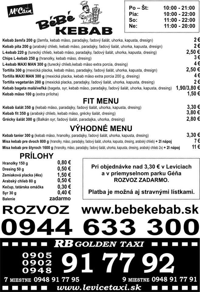 Menu at Bebe kebab restaurant, Levice