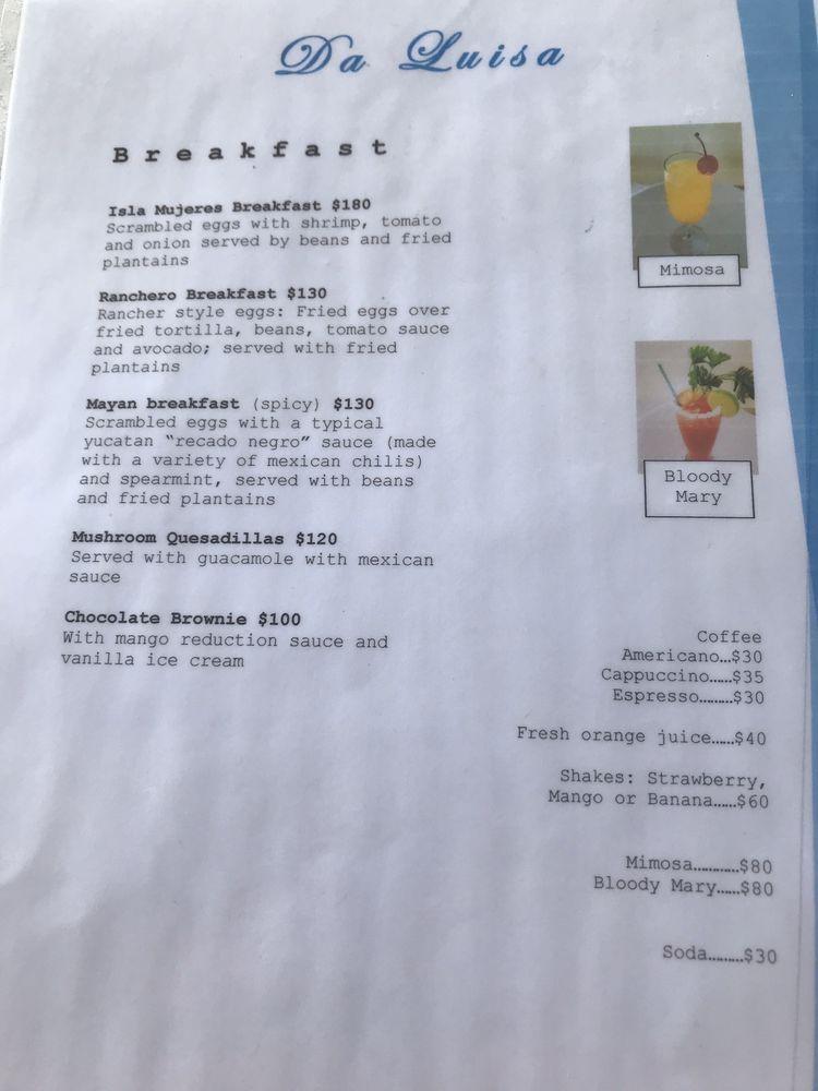 Menu at Da Luisa restaurant, Isla Mujeres, Av Juárez 20