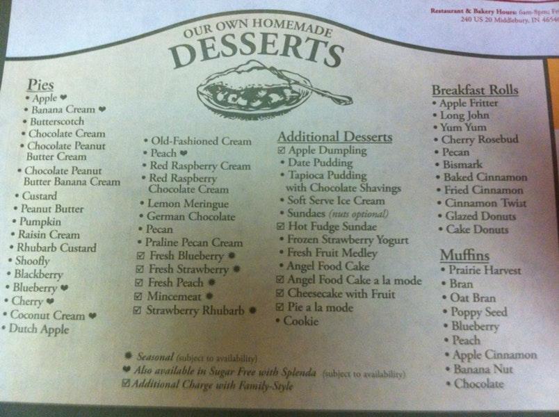 Menu at Das Dutchman Essenhaus restaurant, Middlebury, 240 US-20