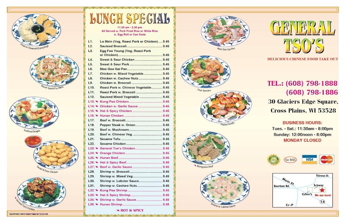 Menu at General Tso's Chinese Food restaurant, Cross Plains