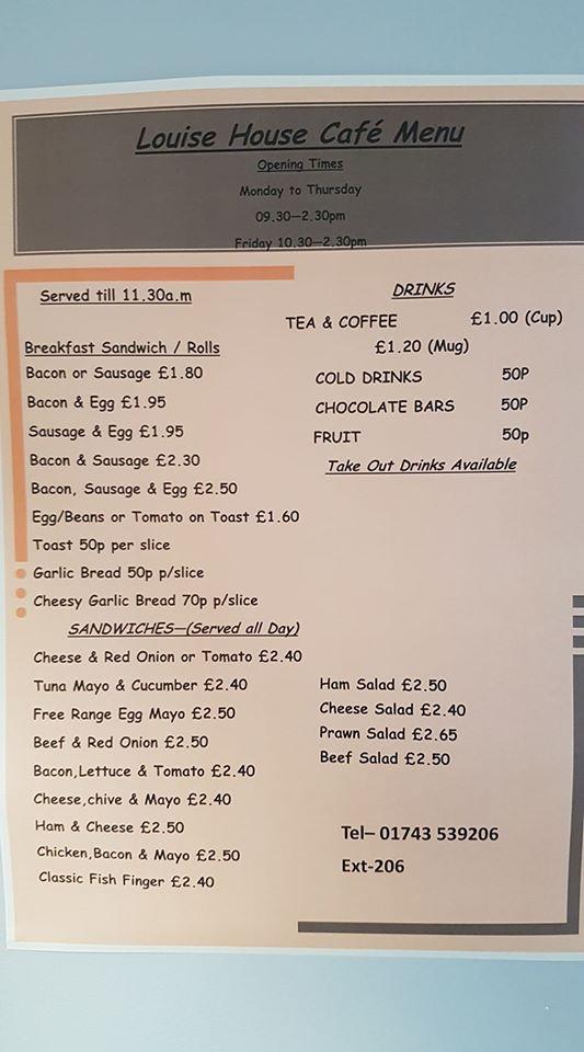 Menu at Louise House Cafe, Shrewsbury