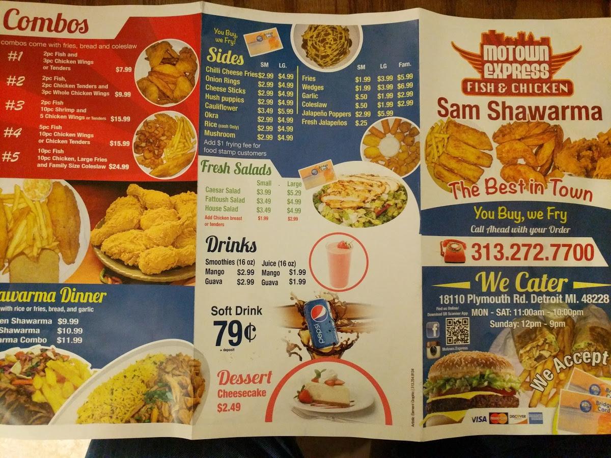 Menu at Motown Express and Sam's Shawarma restaurant, Detroit