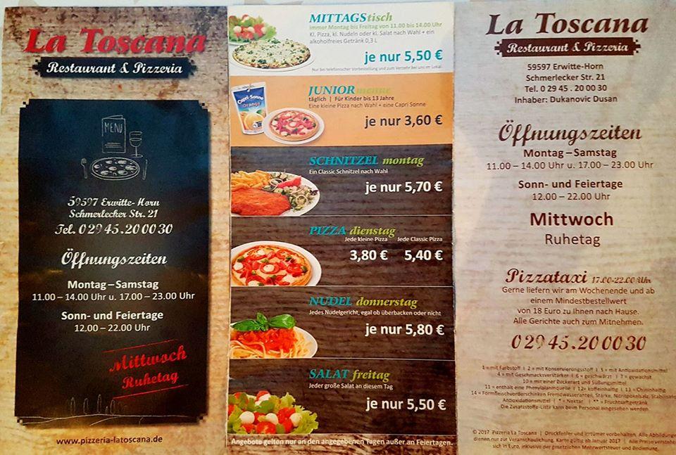 Menu at Pizzaria La Toscana, Erwitte