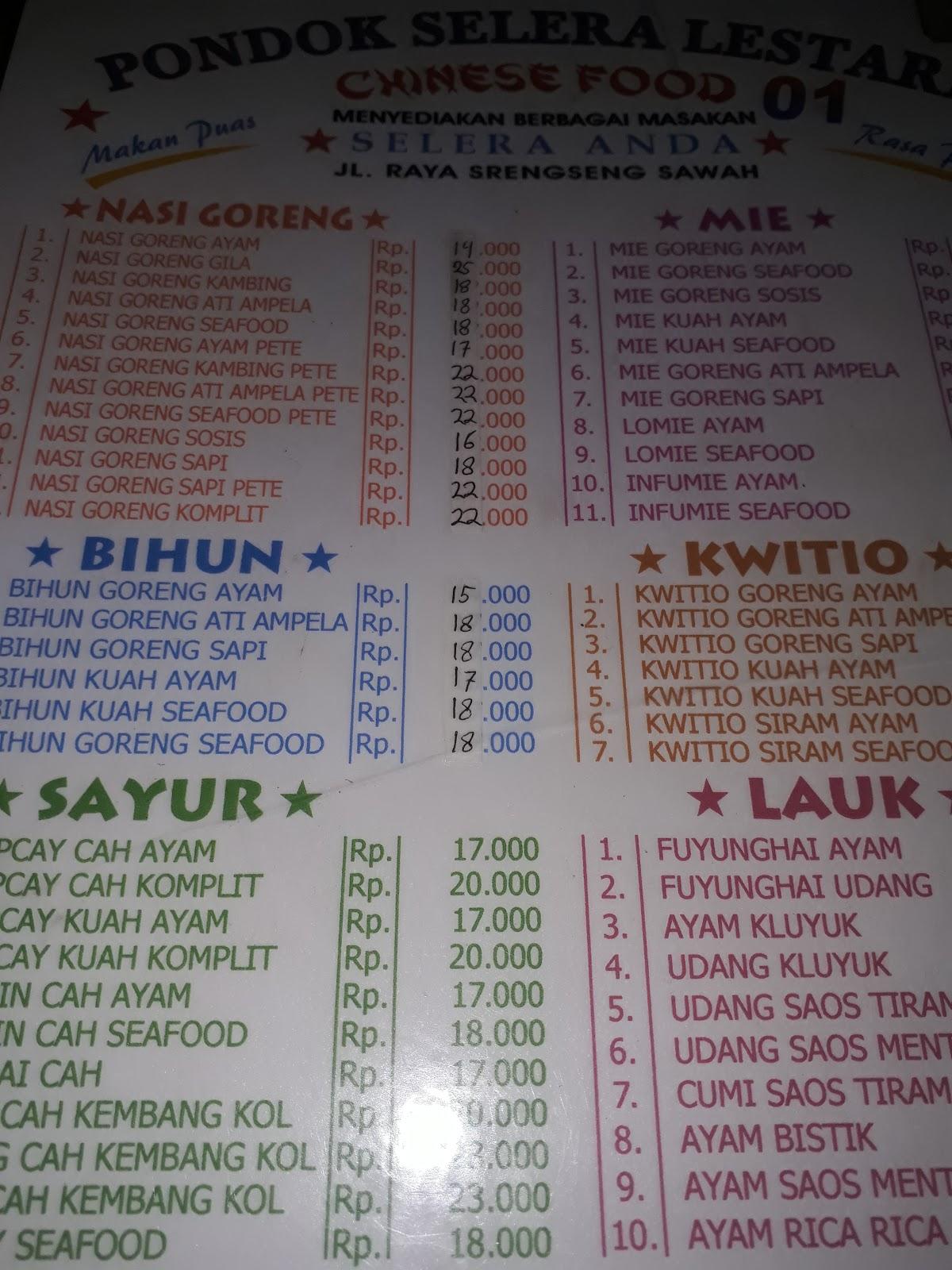 Menu at Pondok Selera Lestari 01 restaurant, South Jakarta, Jl. Srengseng Sawah No.8A
