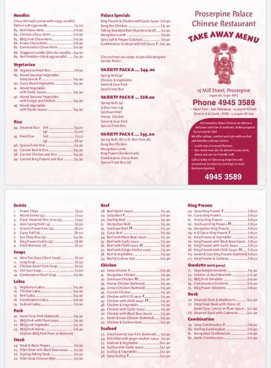 Menu at Proserpine Palace Chinese Restaurant, Proserpine
