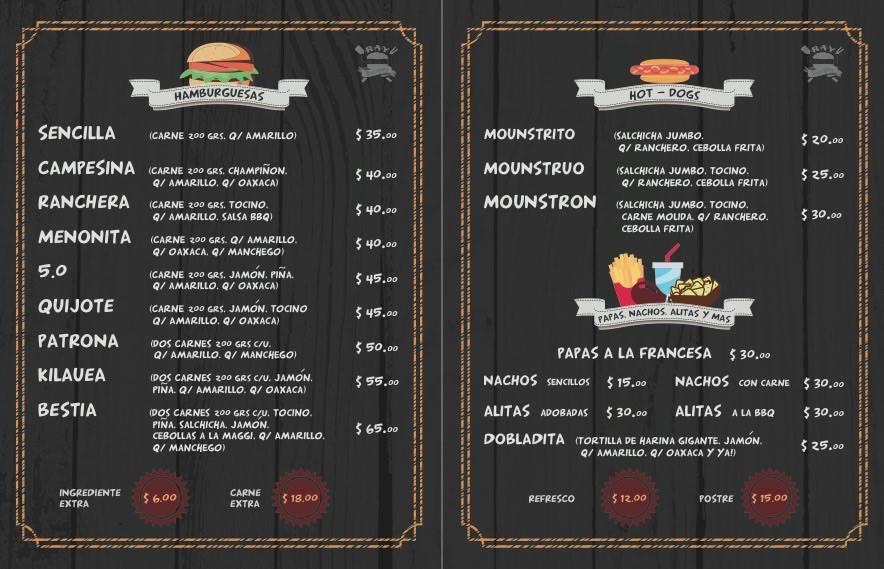 Menu at RAY Burger restaurant, Mexico City