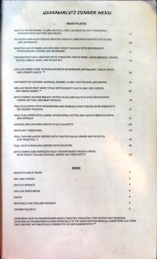 Menu at Gianmarco's Restaurant, Birmingham