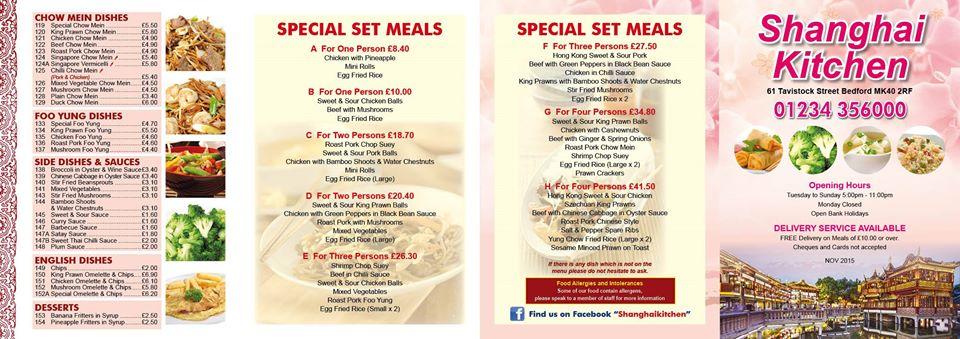 Menu at Shanghai Kitchen Chinese takeaway fast food, Bedford