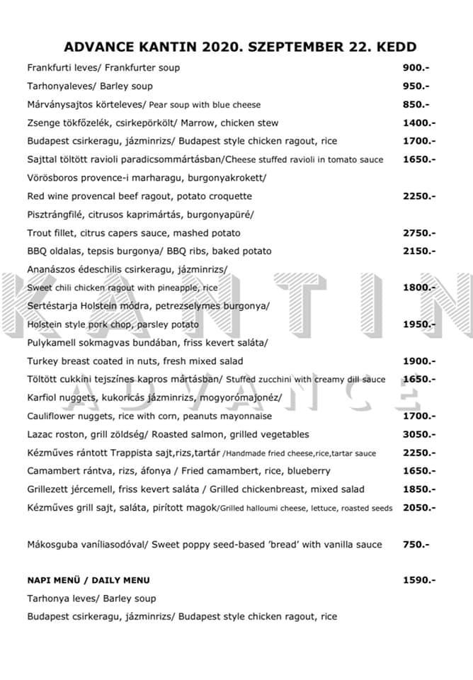 Menu at Advance Kantin restaurant, Budapest