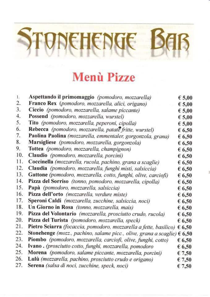 Menu da Bar Stonehenge, Teramo