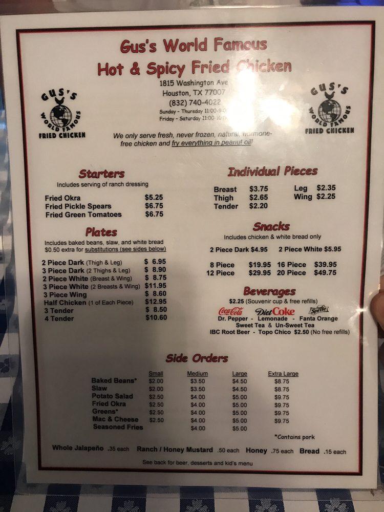 Menu at Gus's World Famous Fried Chicken restaurant, Houston ...