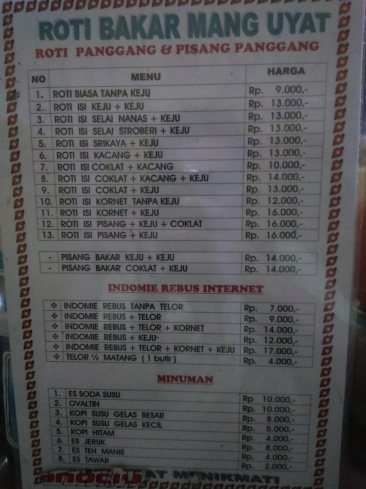 Menu at Mang Uyat RoPang restaurant, East Jakarta