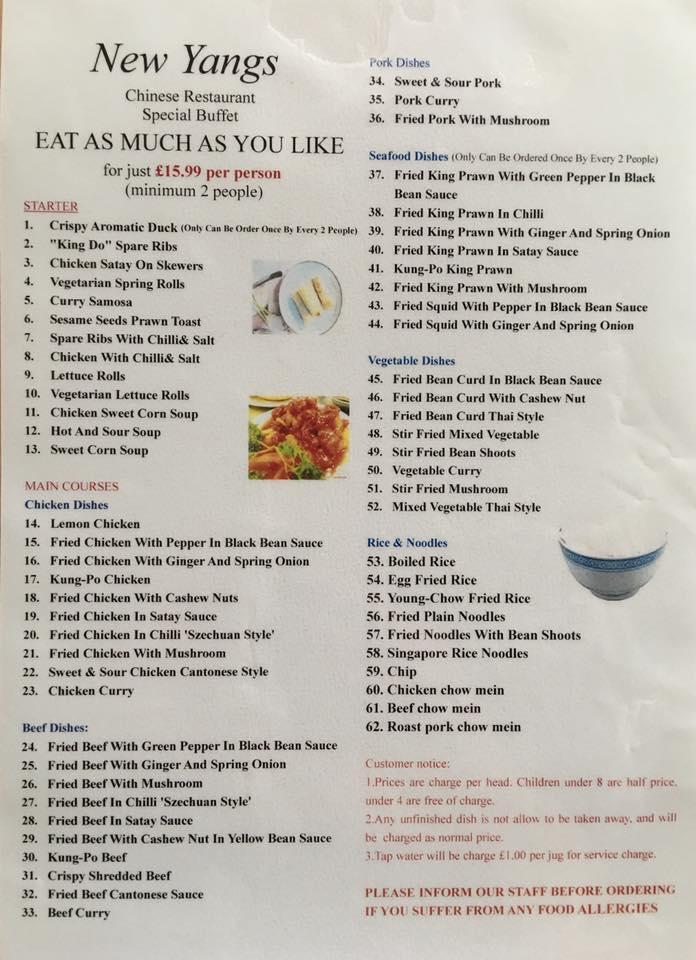 Menu at New Yang's restaurant, Barry, 15 Thompson St