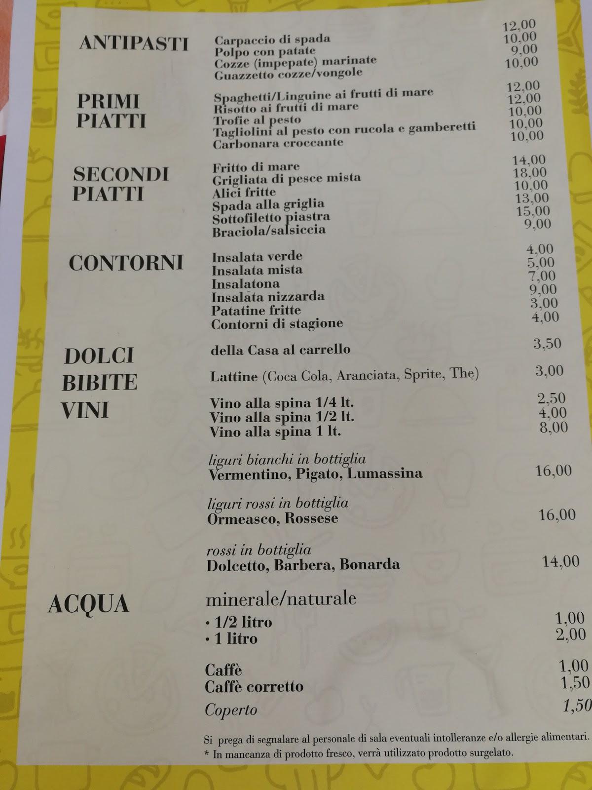 Menu da Frenky ristorante, Toirano
