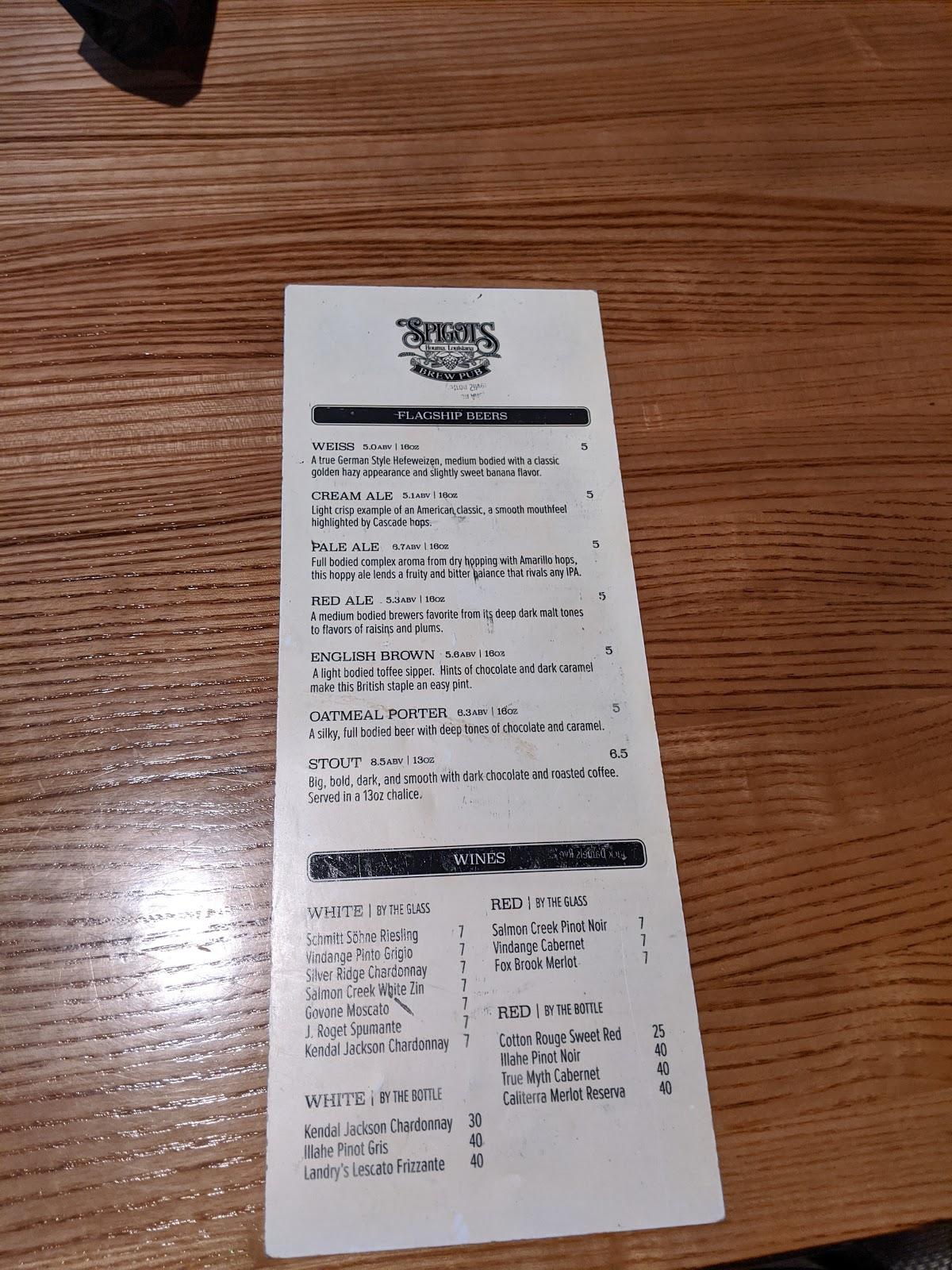 Menu at Spigots Brew Pub, Houma