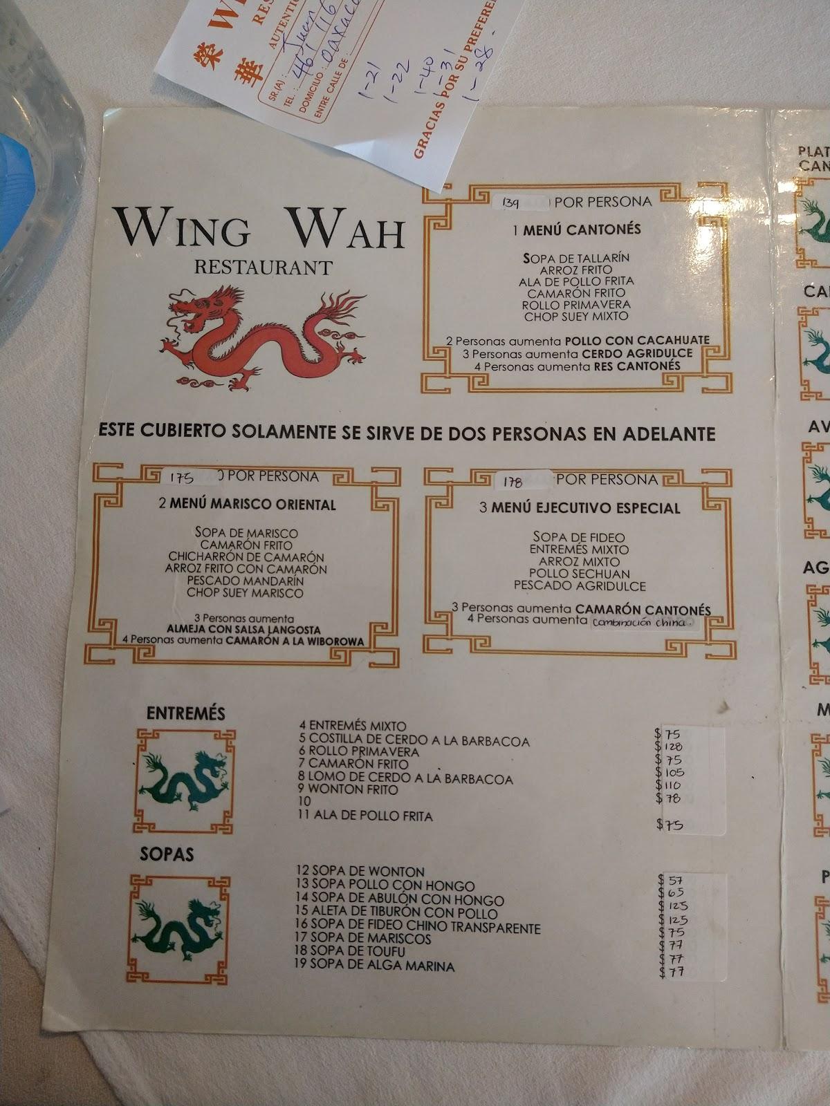 Carta del restaurante Wing Wah Comida China, Celaya, P.º del Guanajuato 501