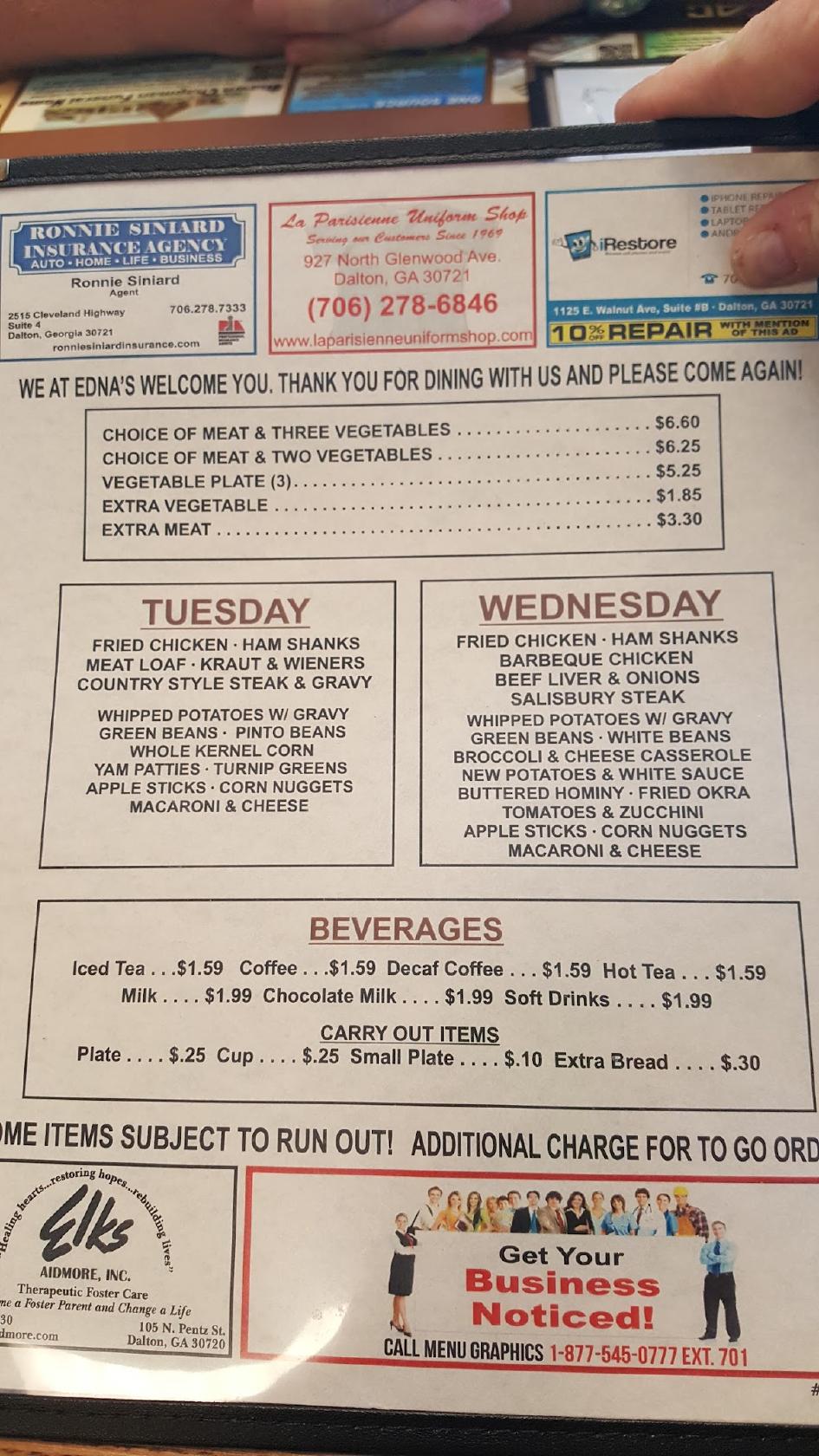 Menu at Edna's restaurant, Chatsworth