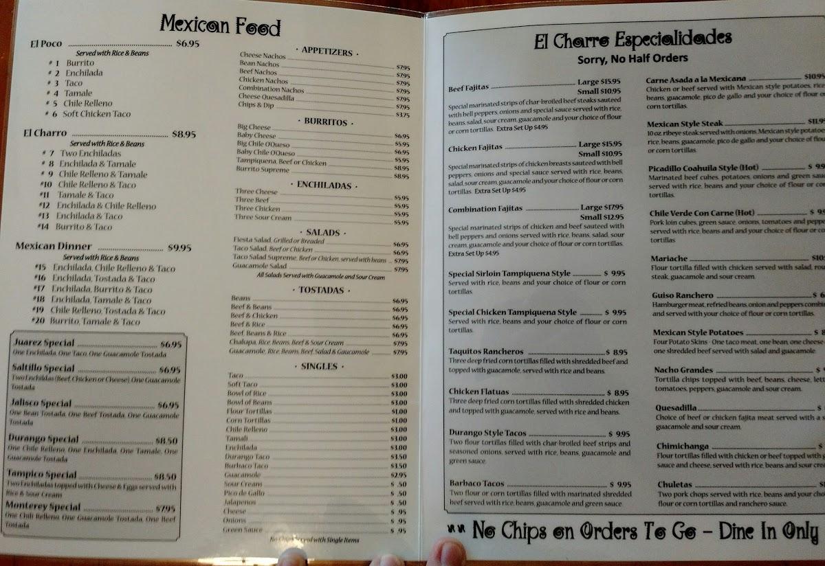 Menu at El Charro Restaurant, Carnegie, 617 N Carnegie St
