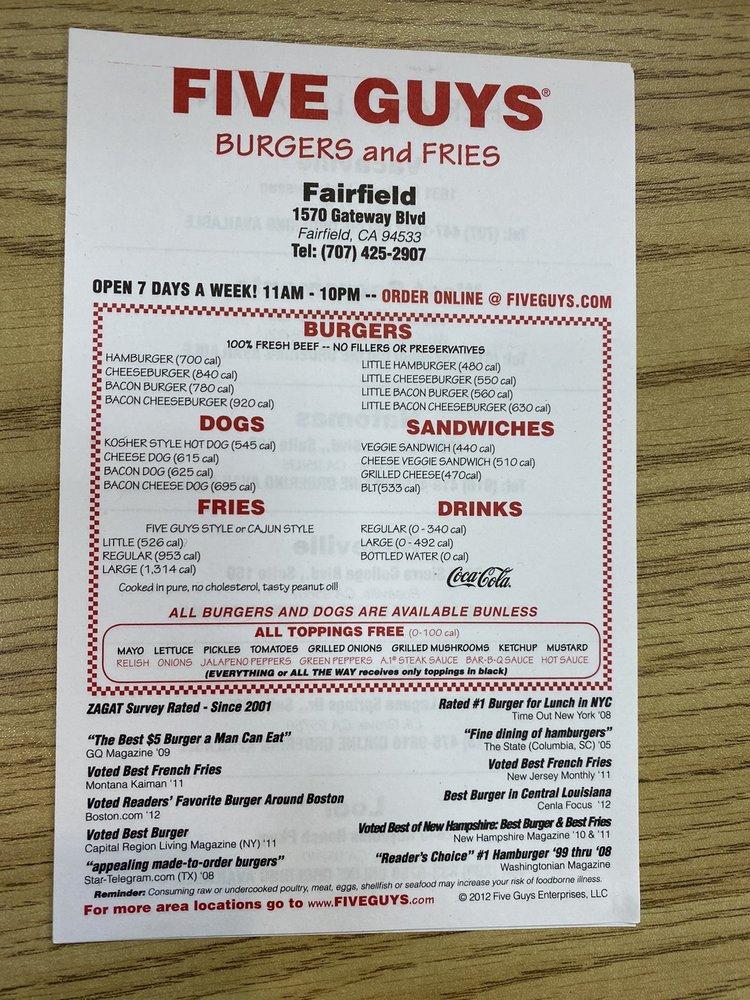 Carta de comida rápida Five Guys, Fairfield, Gateway Blvd