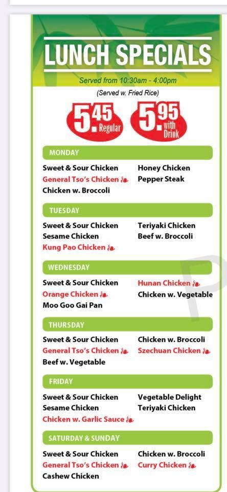 Menu at Green Tea Chinese Drive Thru restaurant, Green Bay, E Mason St