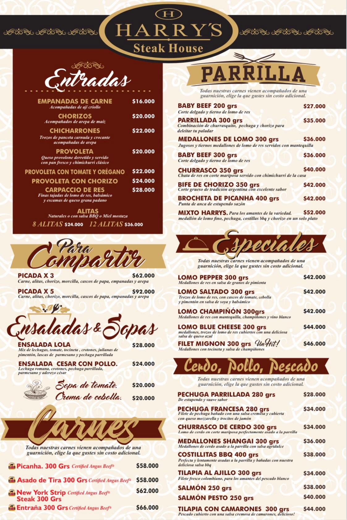 Menu at Harry's Steakhouse, Colombia