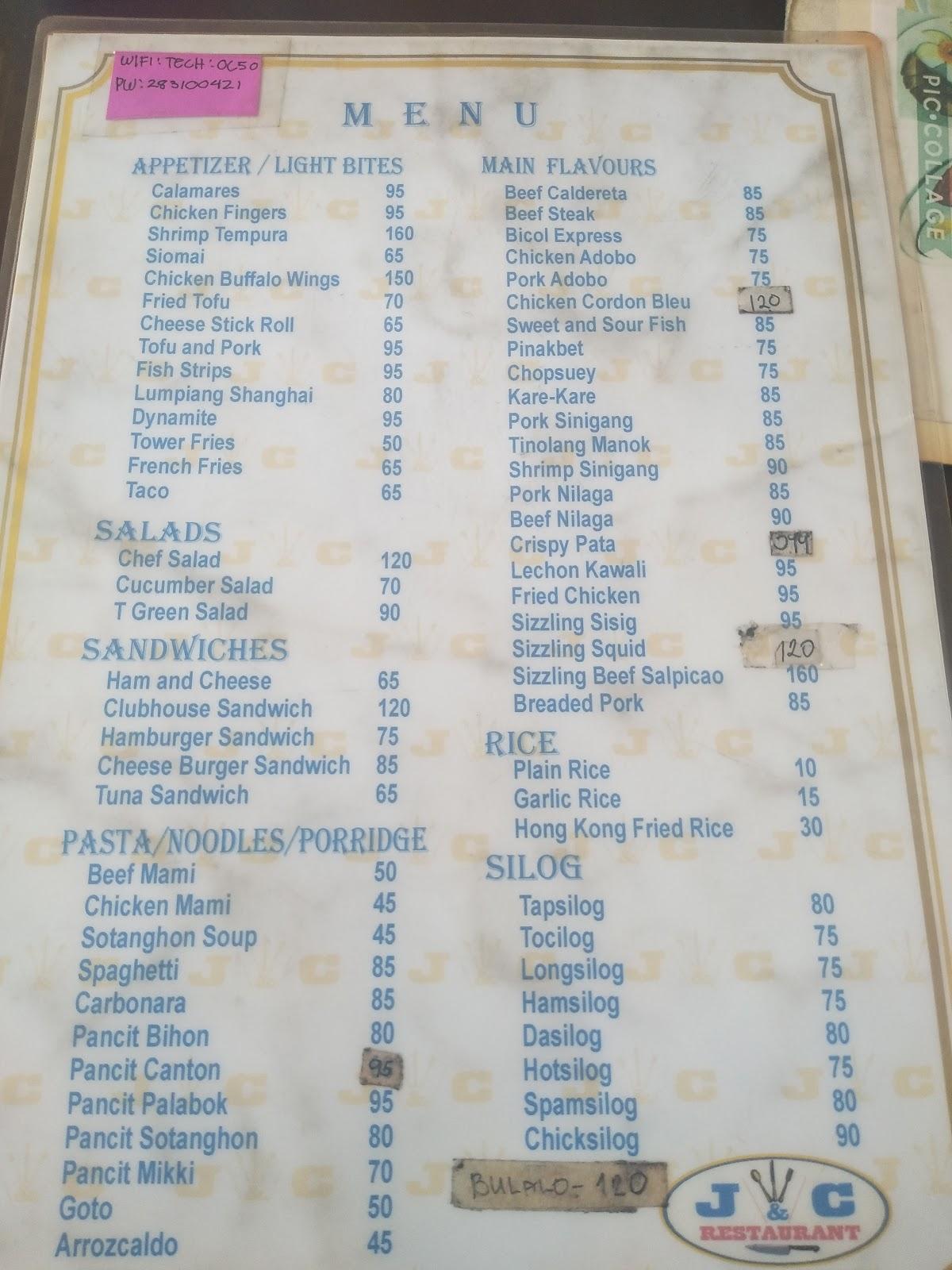 Menu at J&C Restaurant, Olongapo