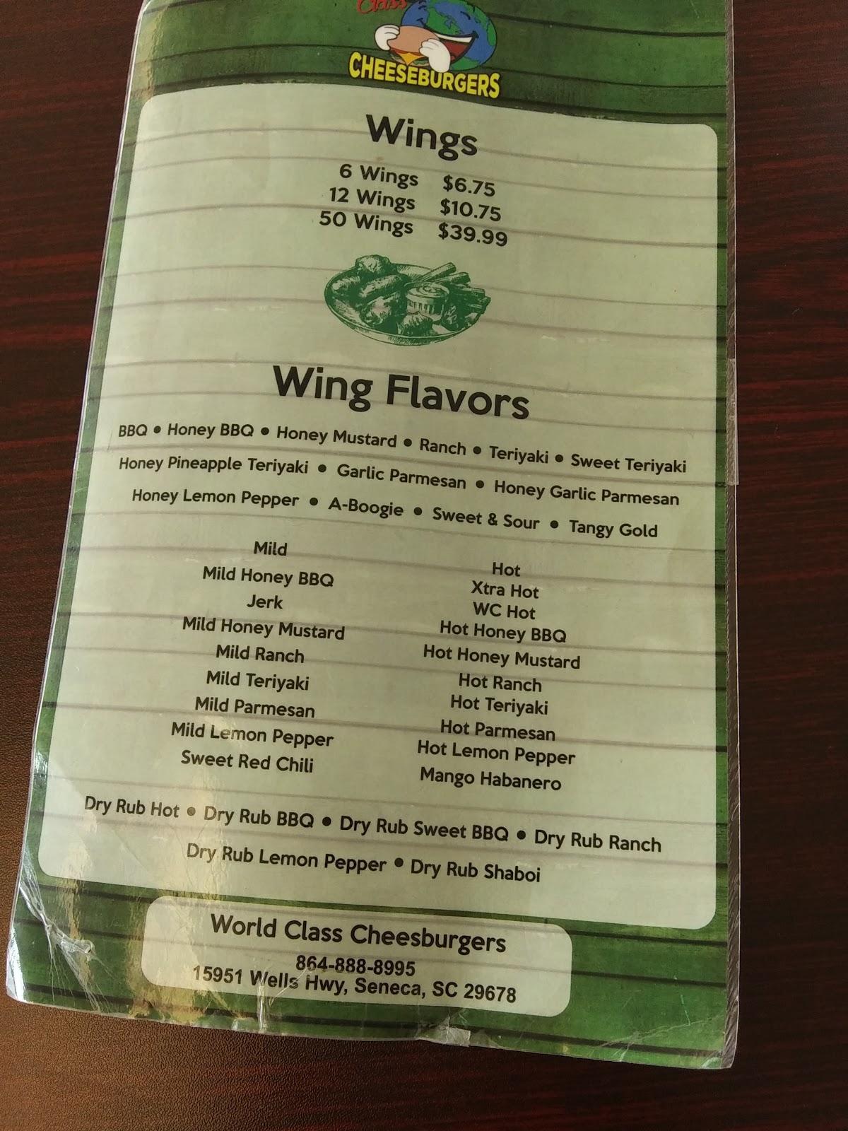 Menu at World Class Cheeseburgers restaurant, Seneca, 15951 Wells Hwy