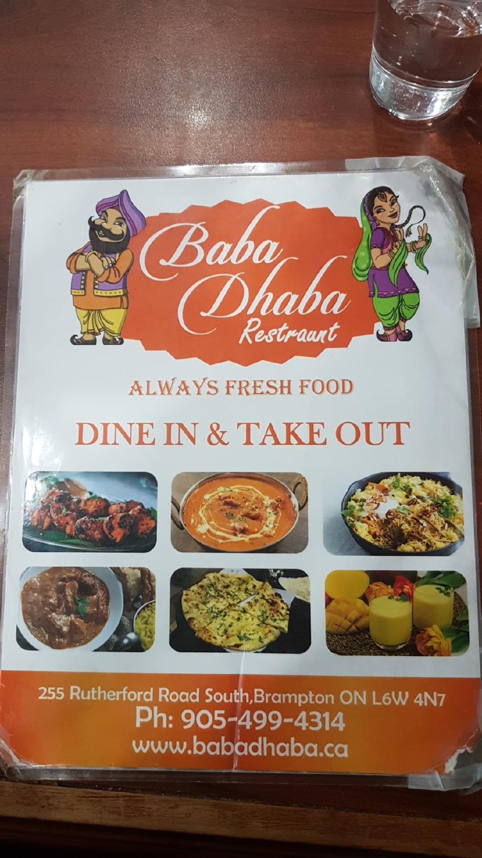 Menu at Baba Dhaba restaurant, Brampton, 255 Rutherford Rd S