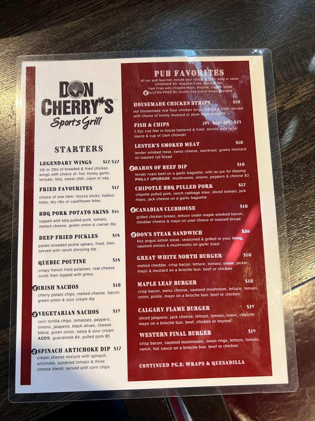 Menu at Don Cherry's Sports Grill pub & bar, Cranbrook