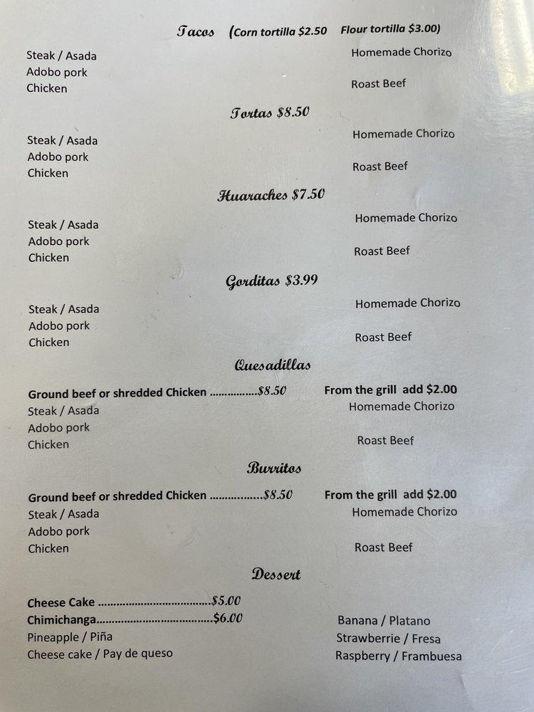 Menu at El Palacio, Memphis