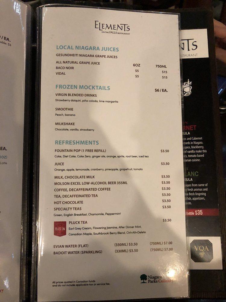 Menu at Elements on the Falls restaurant, Niagara Falls