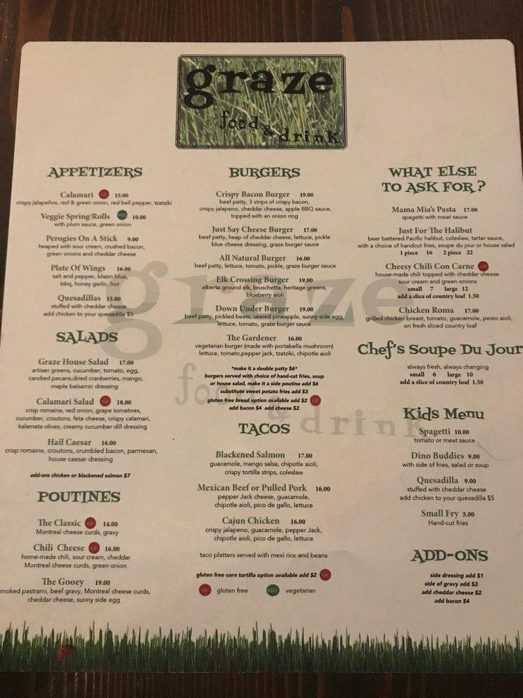 Menu at Graze Food & Drink pub & bar, Canmore